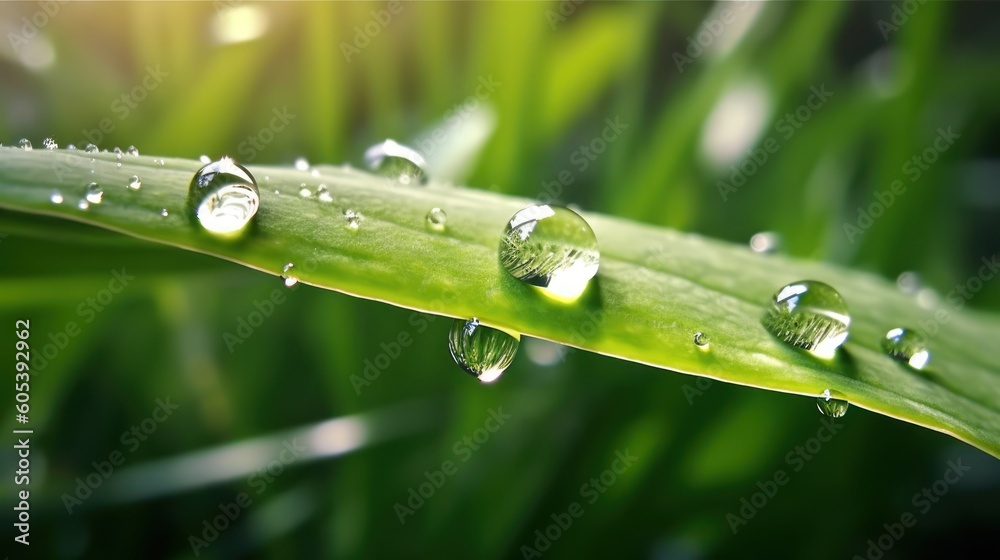 Beautiful water drops sparkle in sun on leaf in sunlight, macro. Big ...