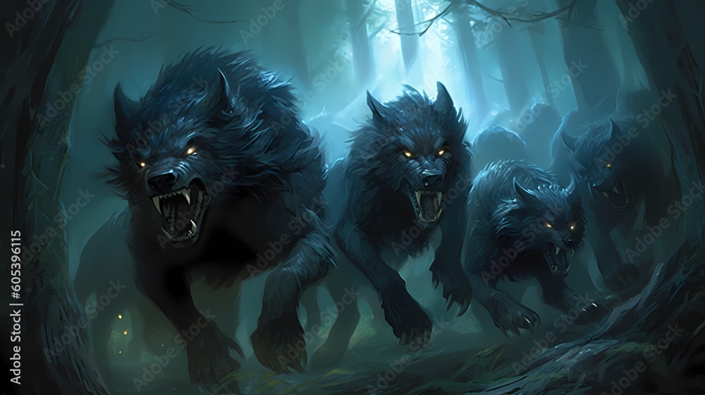 A group of ferocious werewolves prowling through a moonlit haunted ...
