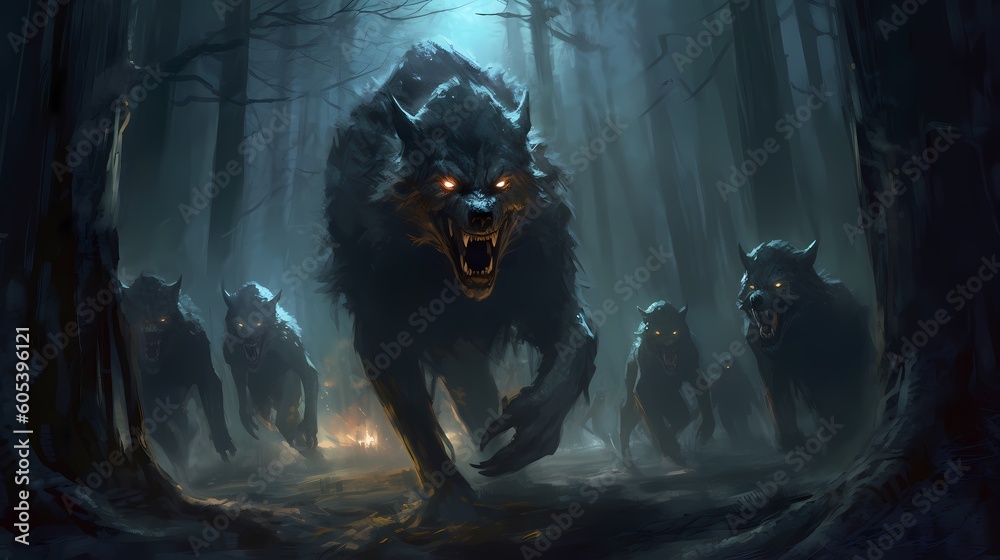 A group of ferocious werewolves prowling through a moonlit haunted ...