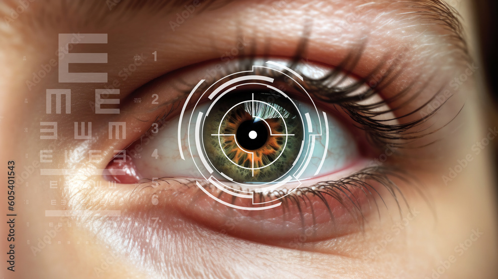 Concept of laser eye surgery for glaucoma: Close-up of eye with reticle ...