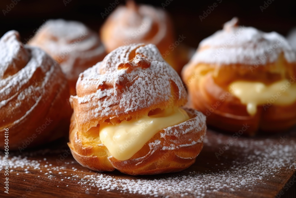 Choux pastry with topping icing sugar choux Food Photography Stock ...