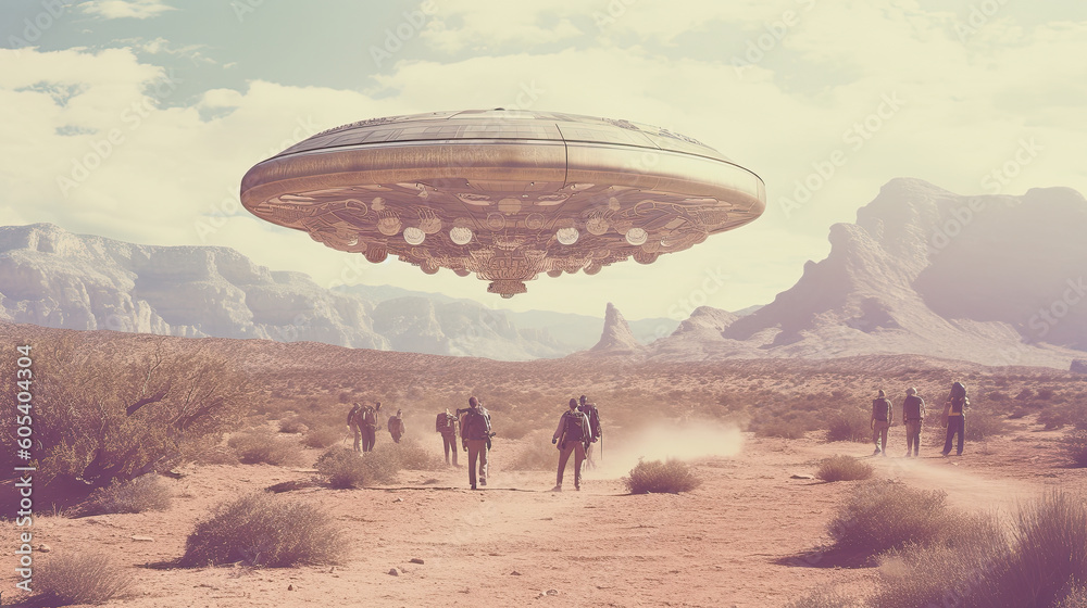 filmic scenery of an alienship landing on planet earth, generative ai ...