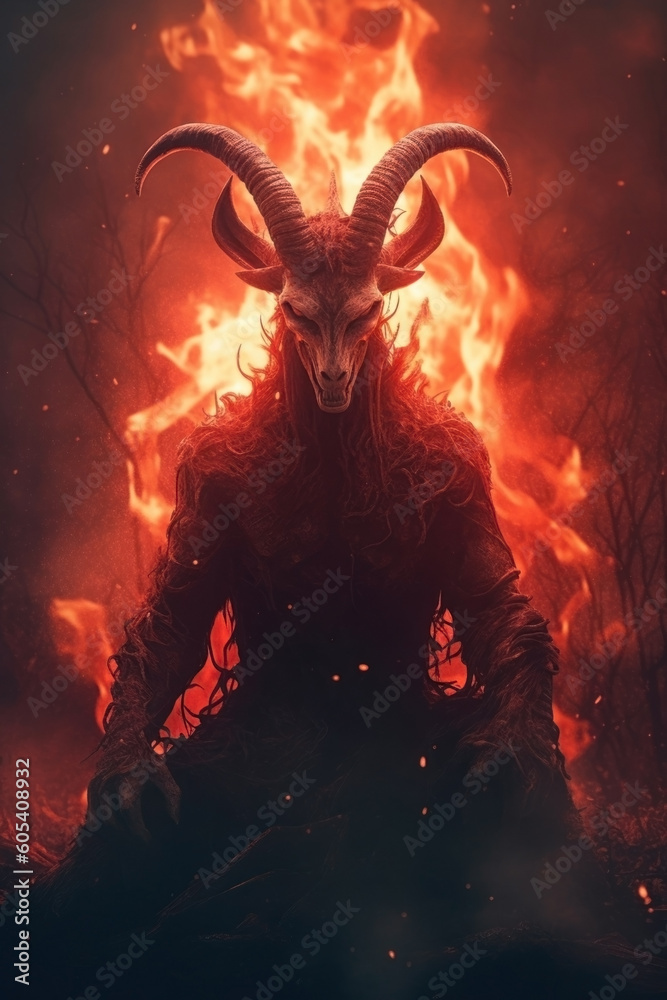 Fantasy image of a goat with horns in a dark forest. Baphomet demon ...