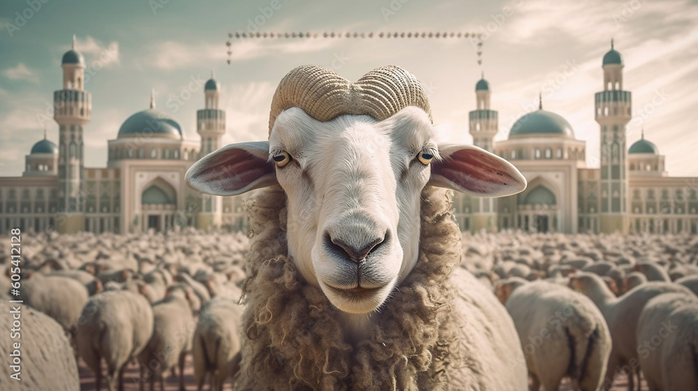 eid ul adha mubarak, happy eid al adha, sheeps with mosque in ...