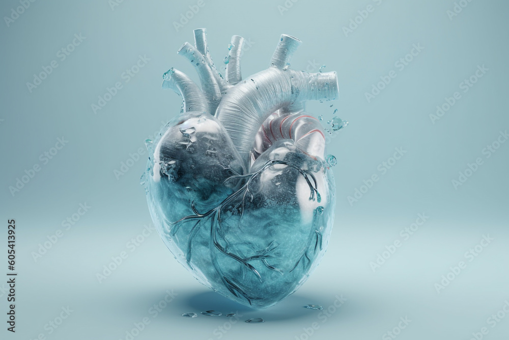 Abstract human heart made from ice. Copy space and pastel soft colors ...