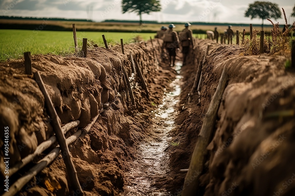 Military trench or fosse. Soldiers in the mud. The place of fight and ...