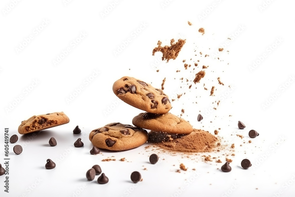 Tasty chocolate chip cookies falling isolated on white background ...