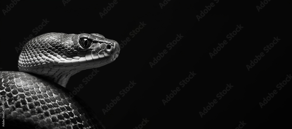 Black and white photorealistic studio portrait of a snake on black ...
