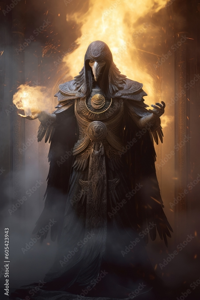 Portrait of a man in a suit of the god of fire. Horus, Egyptian god ...