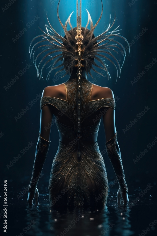 Fantasy woman in black dress with dragon head on the dark background ...