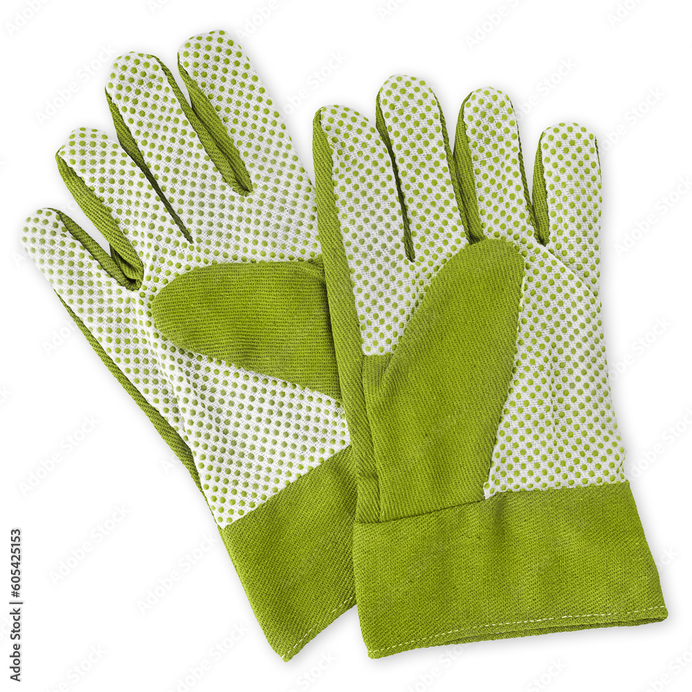 Gardening cloth green safety gloves, top view isolated on white ...