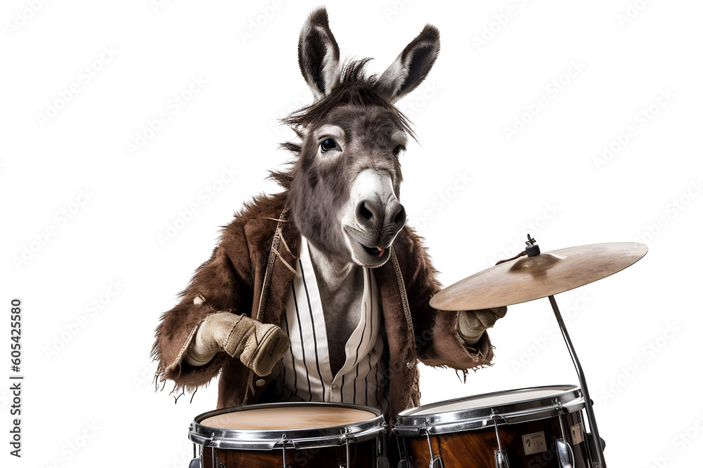 A donkey dressed as a human in a suit playing drums or drums, isolated ...