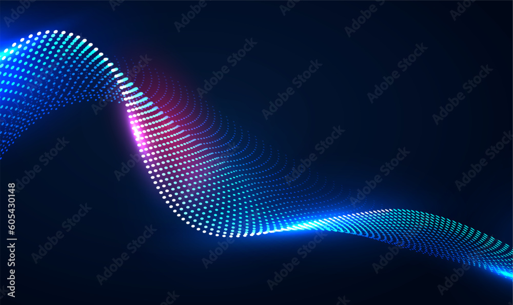 Dynamic particles sound wave flowing over dark. 3d particles mesh array wave, sound flowing ...