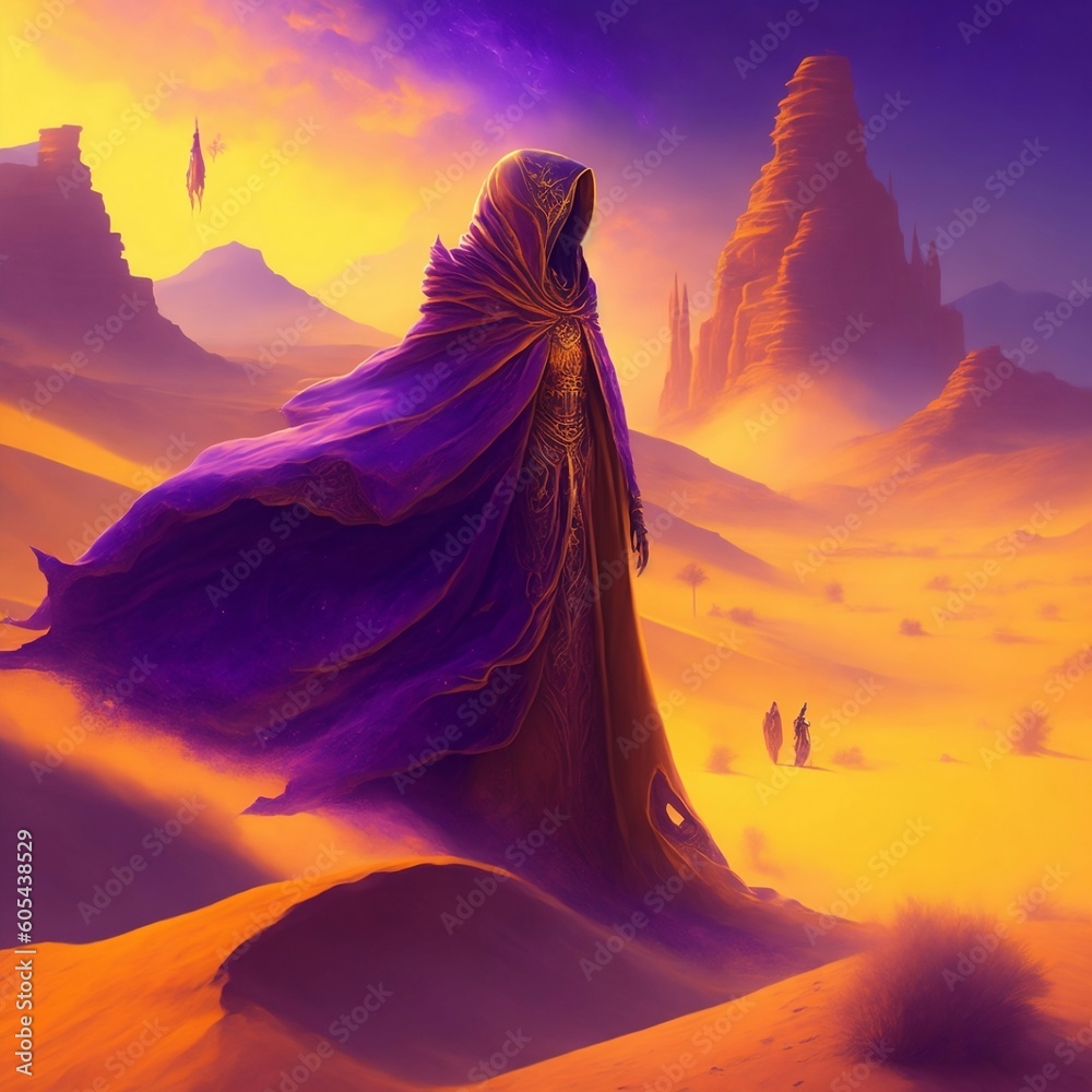 Amidst a mystical desert oasis, a figure draped in a golden cloak ...