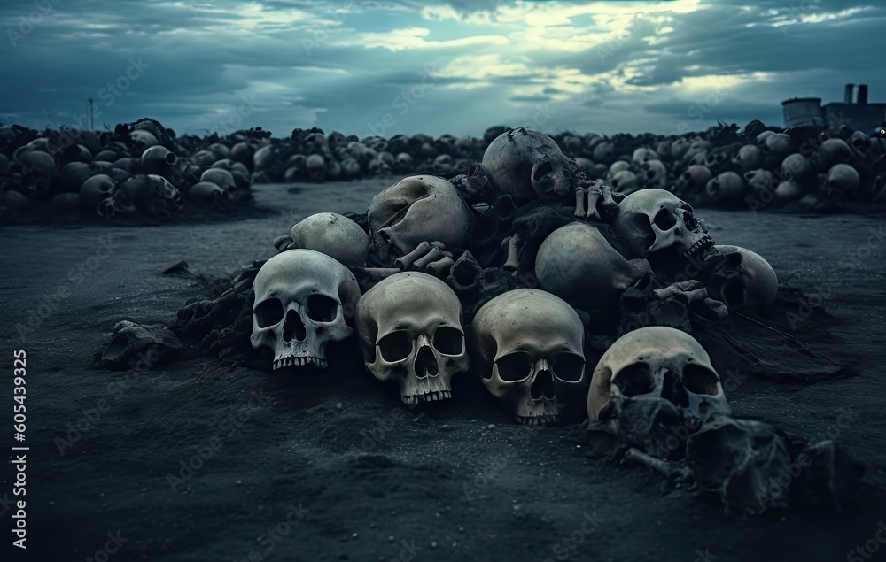 Bunch of Human Skulls covering dusty ground, death conceptual ...