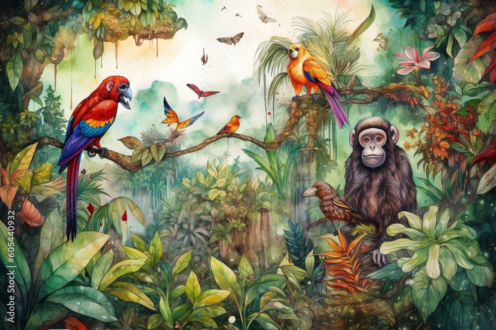 Colorful watercolor painting of monkeys, parrots, jungle ruins, palm ...