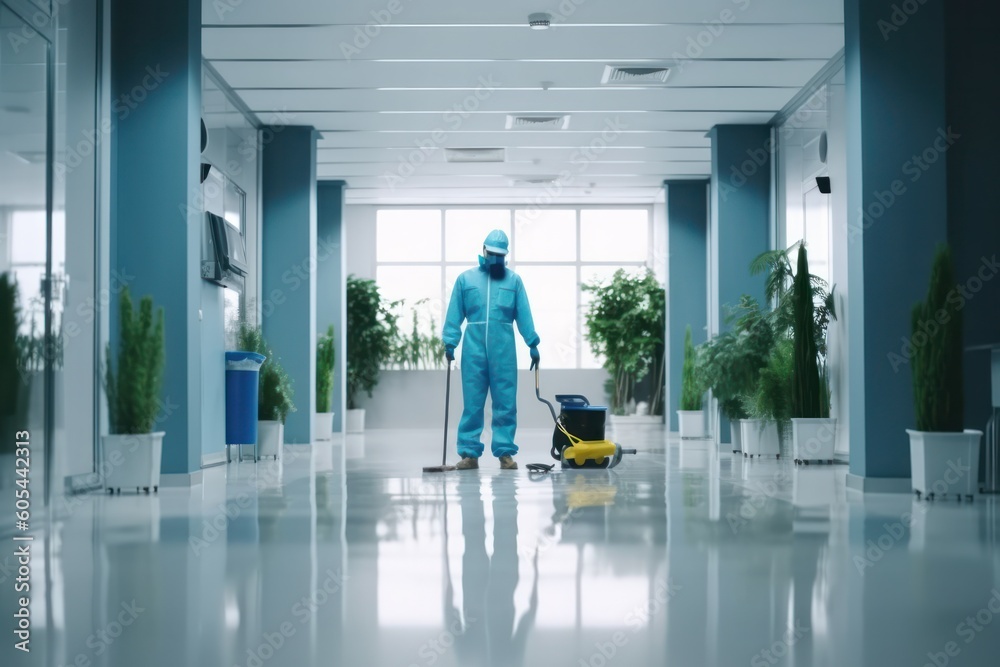 professional janitor in uniform with industrial vacuum cleaner ...