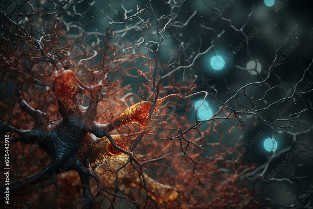 3D illustration depicting neurons, nerve cells, and myelin sheath ...