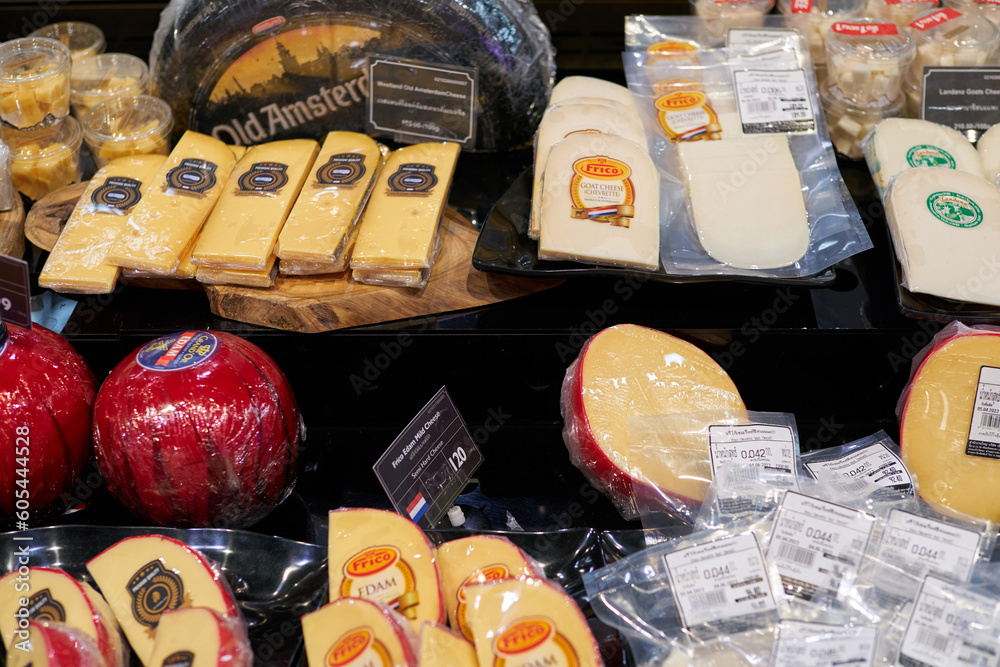 BANGKOK, THAILAND - CIRCA APRIL, 2023: various cheeses on display at ...