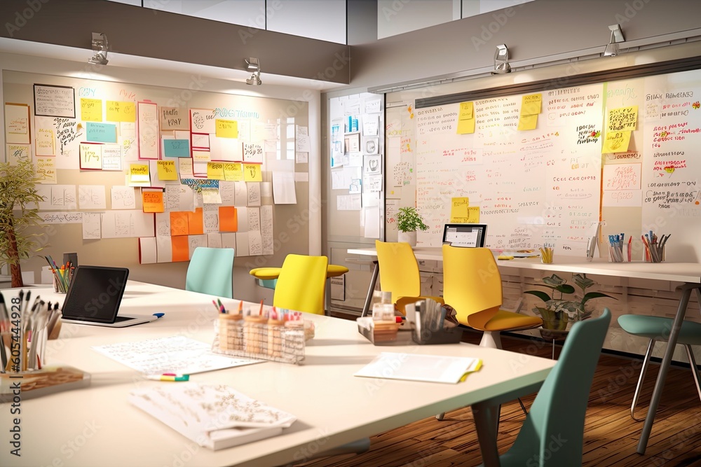 Collaborative creative business desk with a large communal table ...