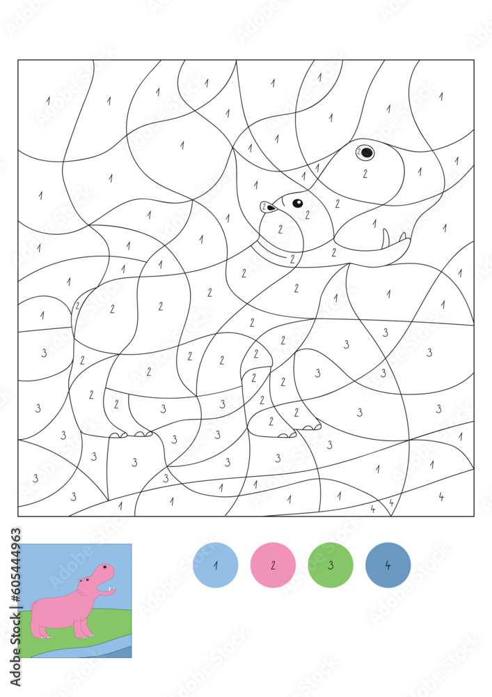 Number coloring page for preschool children with cute cartoon hippo ...