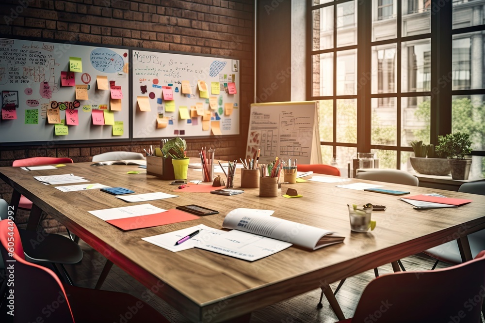 Collaborative creative business desk with a large communal table ...