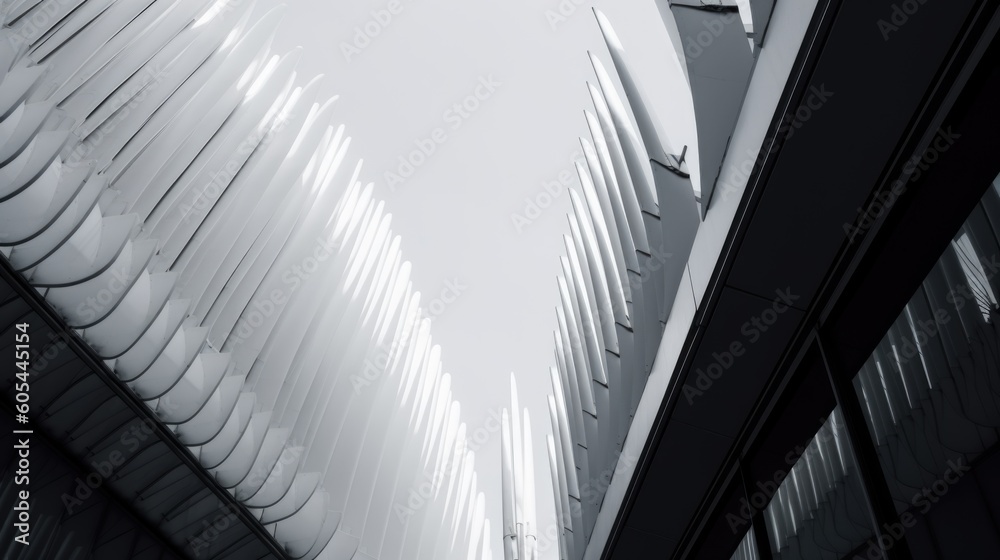 Horizontal shot abstract buildings with white metallic ribs and glass ...