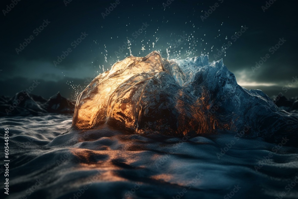 3D illustration of melting ice cap, tealed water, ice, rising ocean ...