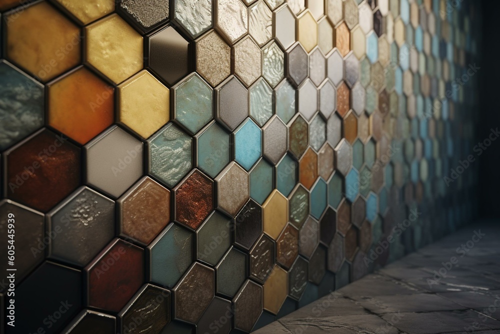 Shiny hexagonal tiles in 3D mosaic pattern on a wall with stacked ...