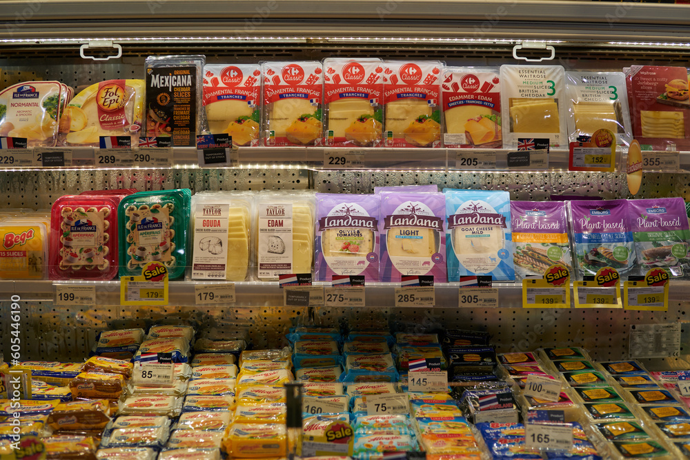 BANGKOK, THAILAND - CIRCA APRIL, 2023: various cheeses on display at ...