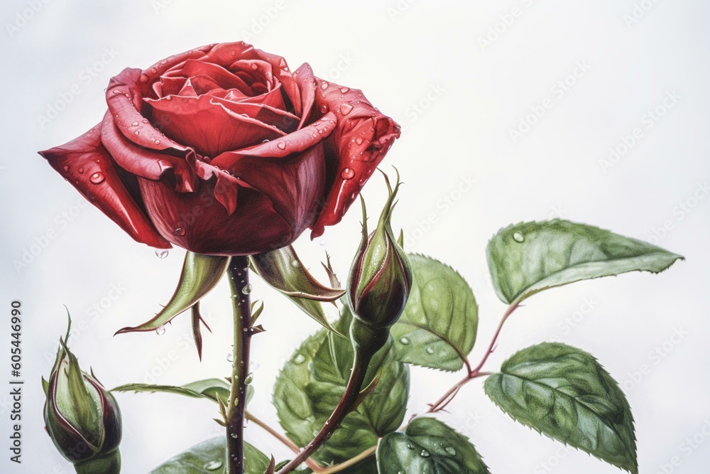 Watercolor painting of a single red rose with a long stem and a closed ...