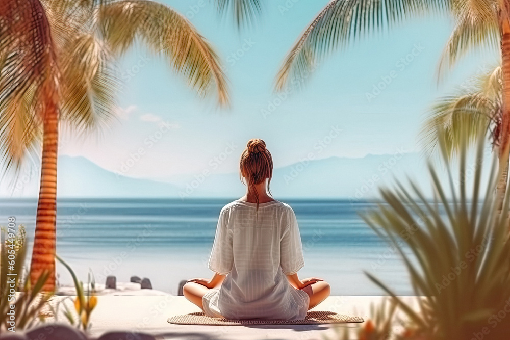 Calm woman sitting alone on a seashore during beach vacations on an ...
