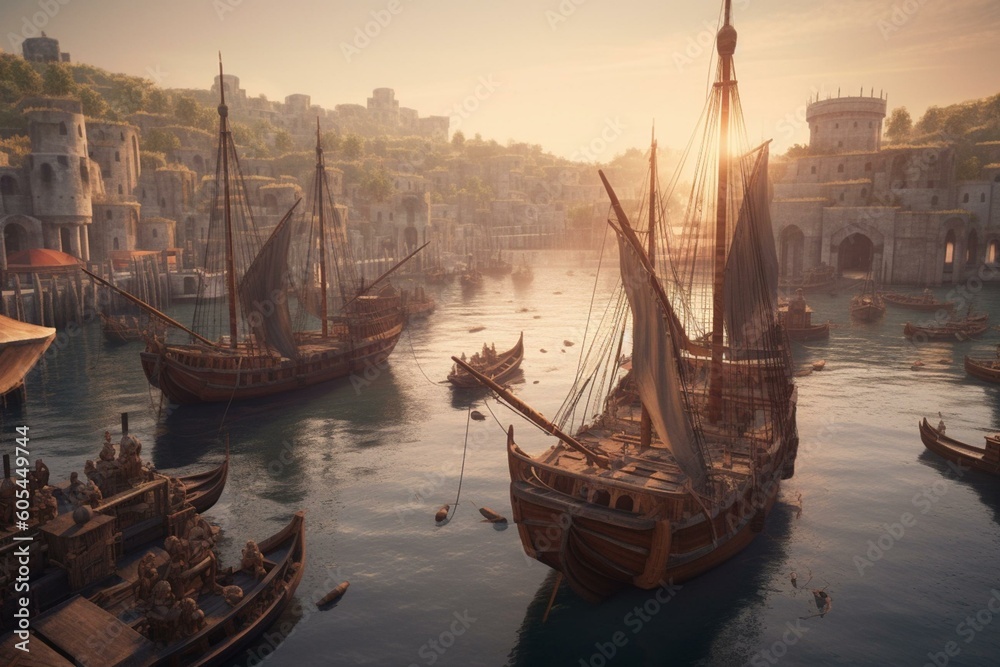 Scenic dawn port with medieval boats. Digital art with sci-fi/fantasy ...