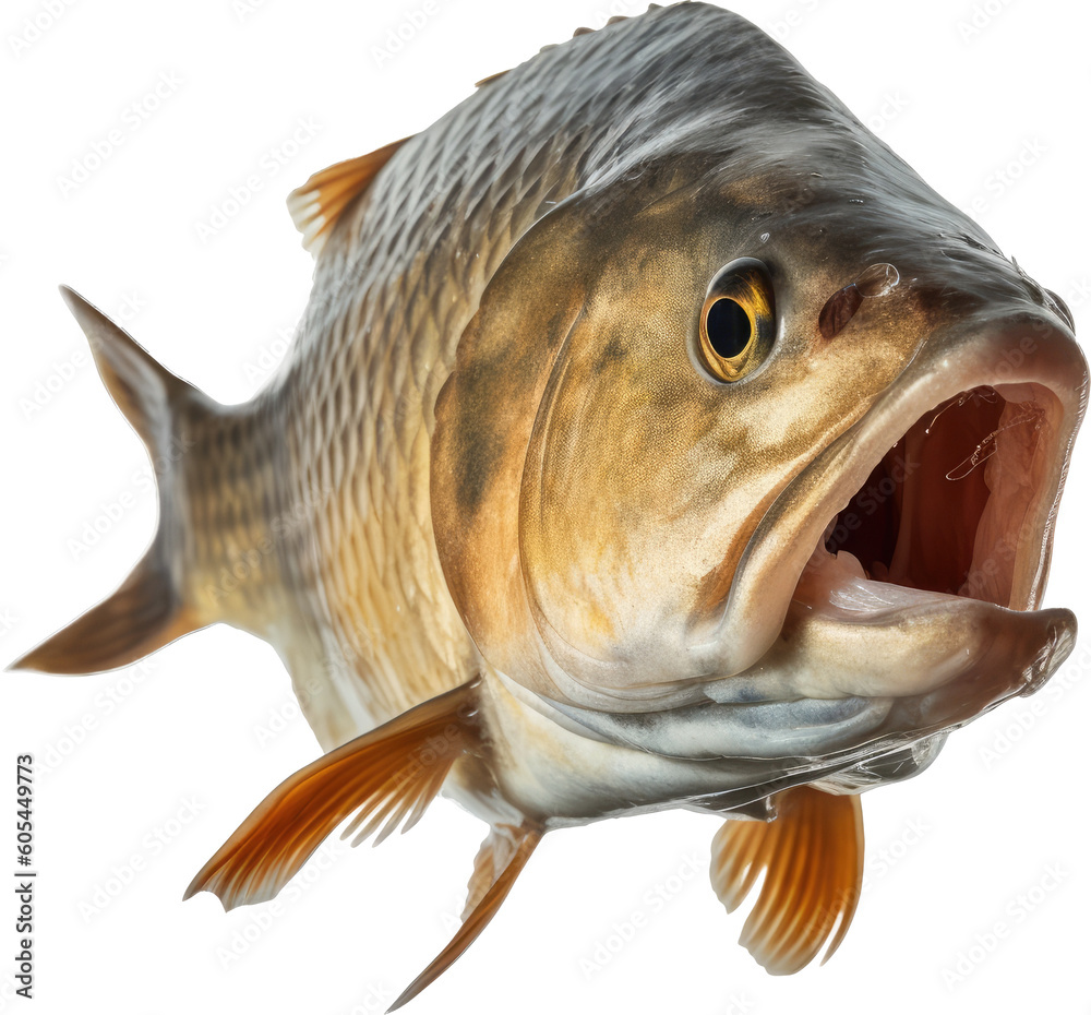 Close up portrait of a swimming carp fish isolated on white or ...