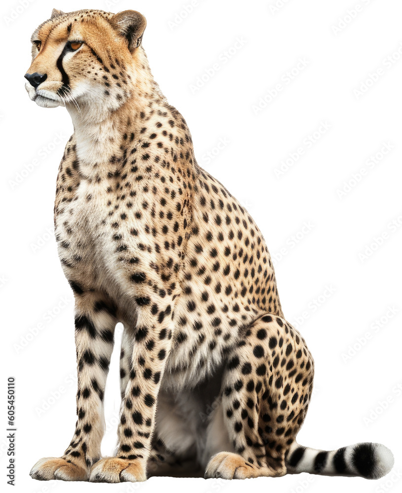 Close up of a sitting cheetah isolated on a transparent or white ...