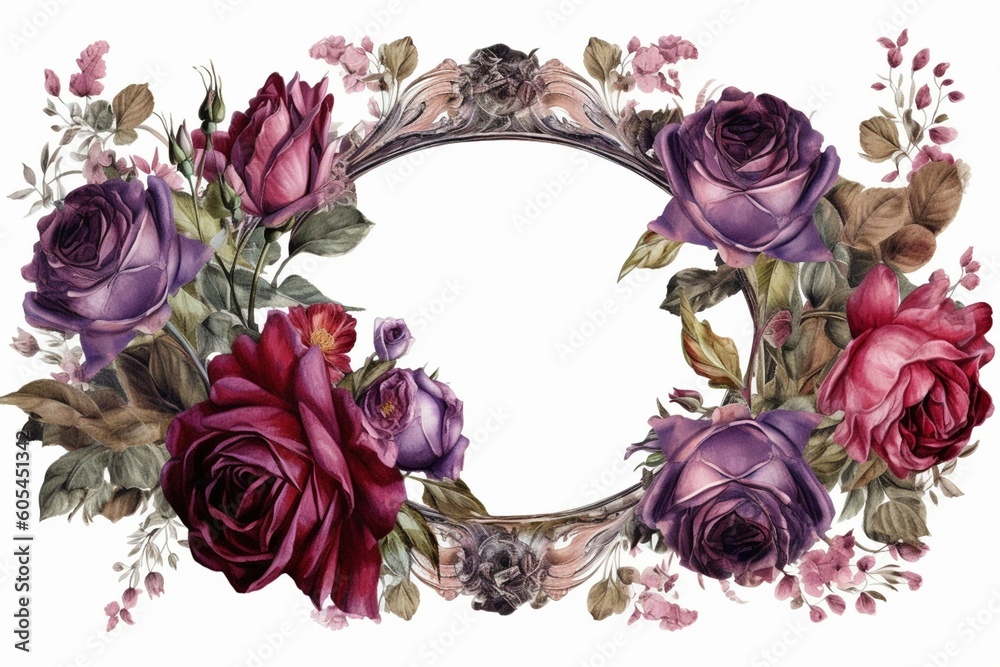 Victorian-style vintage floral frame with watercolor black, red, and ...
