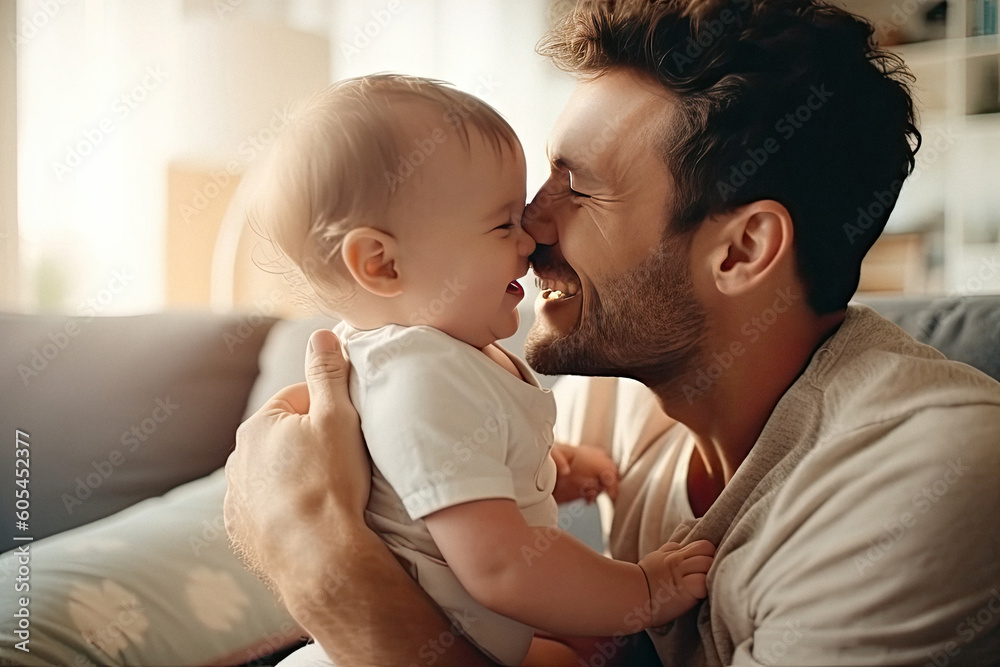 Portrait of a smiling loving dad with a cute happy baby at home created ...