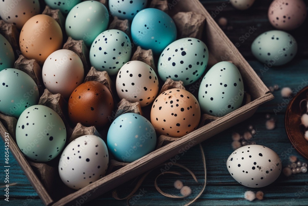 Assorted polka dot eggs in a square frame with white and blue borders ...