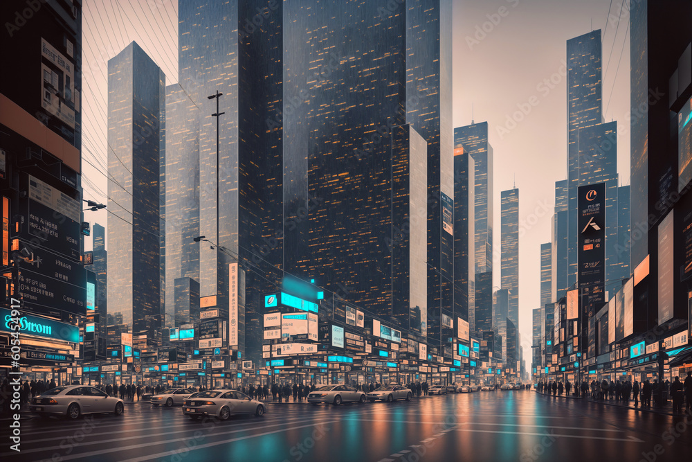 Modern city streets at night, skyscrapers and street lights, traffic ...