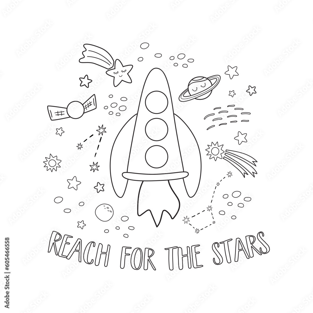 Easy coloring page of space, rocket, stars, planets in universe. Cute ...