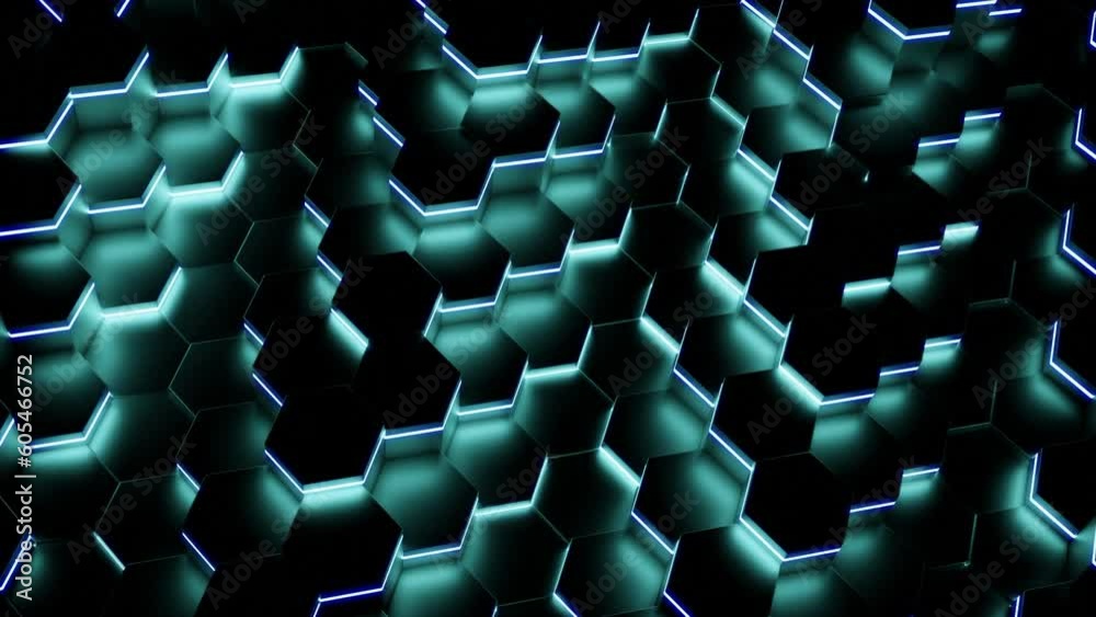 Vidéo Stock Cyber background with moving neon hexagons. Design. Cyber waves of neon hexagons on ...