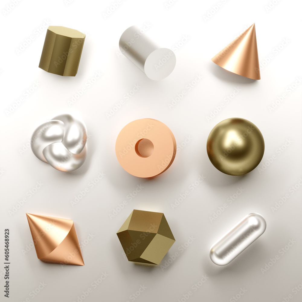 Set of 3d render realistic primitives on white background. Isolated graphic elements. Sphere ...