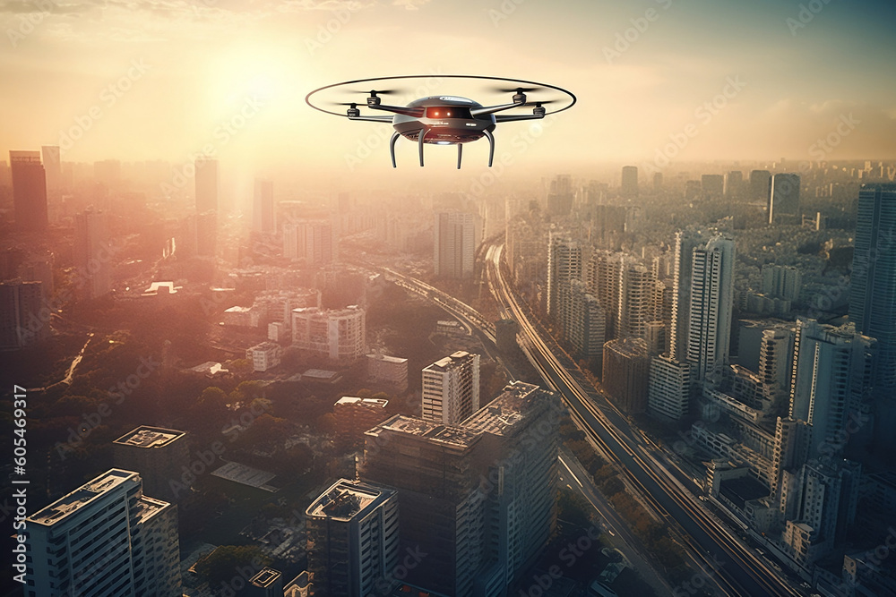 Autonomous vehicle, flying over drone-captured cityscape with camera ...