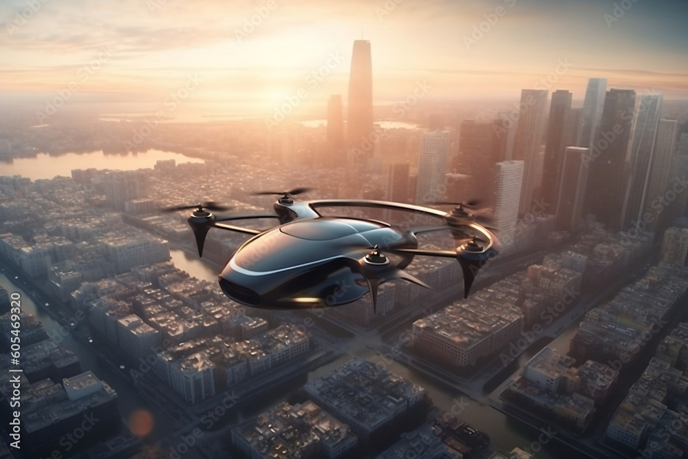 Modern black vehicle, flying over drone-captured cityscape with camera ...