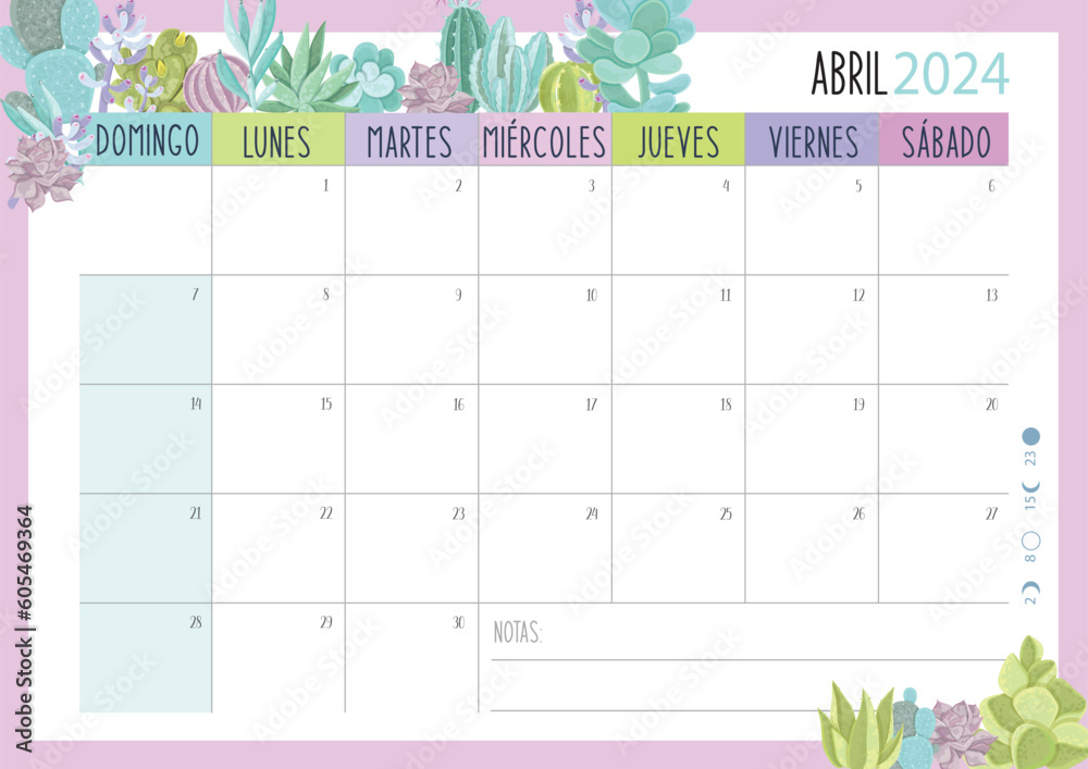Calendario Planificador 2024 en Español - Tamaño A4 - Mes de Abril ...