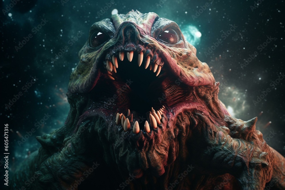 A scary space-time monster with a gaping mouth and evil expression ...