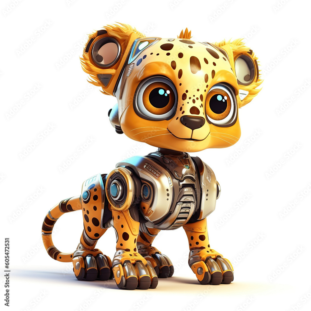 Cute cheetah robot, robotic animal isolated over white background ...
