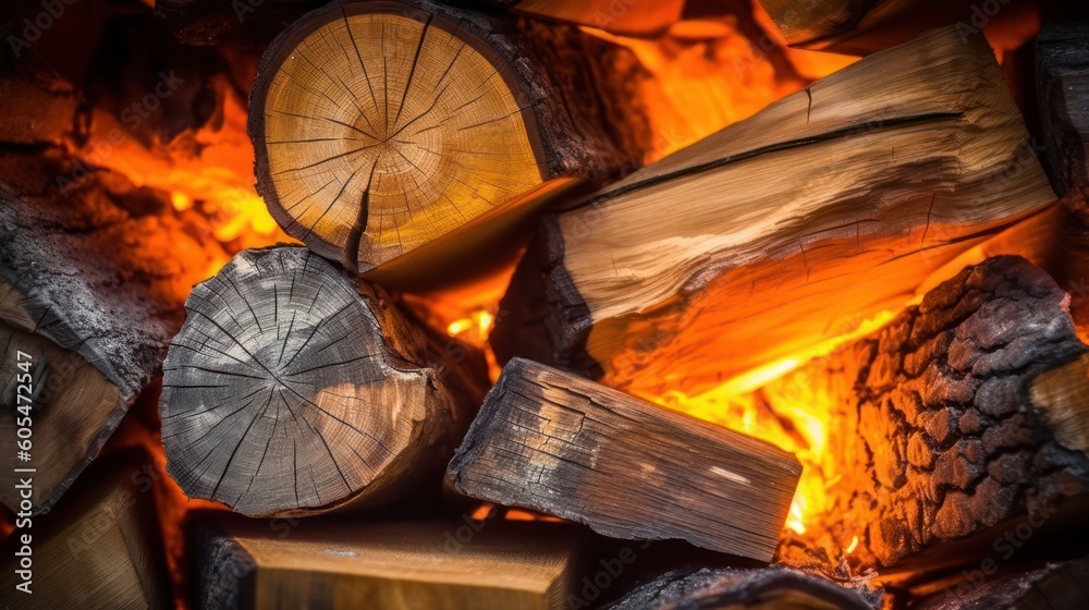 Burning tree log close-up as an abstract background. Hot coals of ...