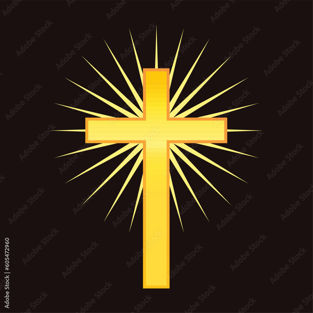 Golden cross with shining light on a dark brown background. A symbol of ...