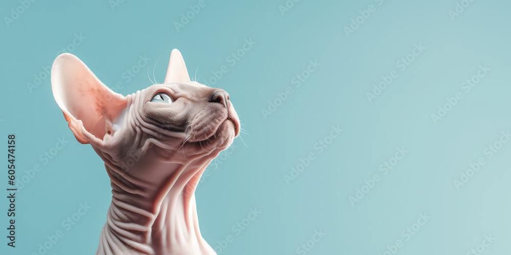Portrait of cute sphinx cat isolated on pastel blue background with ...